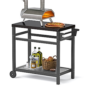 Outdoor Prep Dining Table,Movable Pizza Oven Stand, Stainless Steel Patio Bar Cart,Patio Grilling Backyard BBQ Grill Cart,Dark Gray Tabletop(Gray)