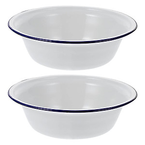 Healvian Enamel Basin 4 Pcs Enamel Bowl White Enamelware With Blue Rim Salad Serving Bowl Food Dinner Plates Vintage Flower Face Washing Basin for Camping Enamel Soup Basin