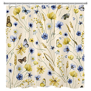 LB Vintage Plant Wildflower Shower Curtain for Bathroom, Blue and Yellow Floral with Butterfly on Beige Fabric Shower Curtain with Hooks, Farmhouse Botanical Bathroom Curtain Shower Set, 72"W x 72"L