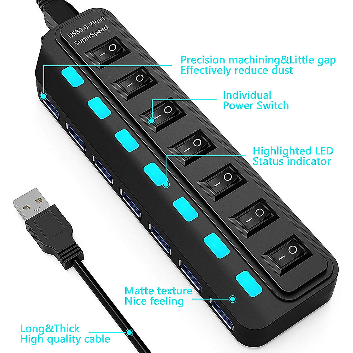 USB Hub 3.0 Powered, Zouhi USB hub 7 Port 3.0 Data Hub Splitter with 5V/2A Power Adapter and with Individual On/Off Switches/Power LED / 3.3ft/1m Long Cable for Mac Pro, MacBook Pro and More