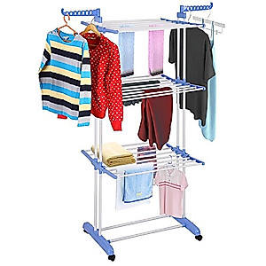Aquaterior Folding 3 Tier Clothes Drying Rack Rolling Collapsible Garment Laundry Dryer Hanger Stand Rail with Two Side Wings Indoor Blue