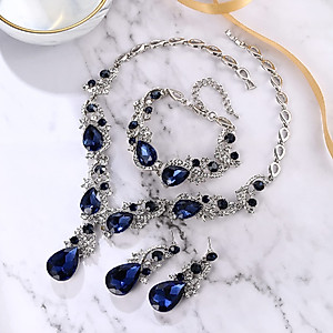 BriLove Wedding Bridal Jewelry for Women Multi Teardrop Cluster Crystal Statement Necklace Dangle Earrings Link Bracelet Set Navy Blue Sapphire Color Silver-Tone