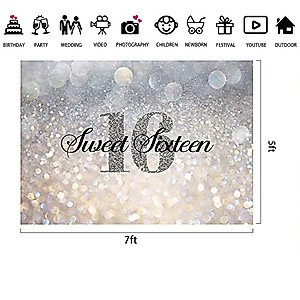 Lofaris Sweet 16 Birthday Party Backdrop Shiny (No Glitter) Silver White Bokeh Golden Spots Princess Sixteen Background Girls 16th Birthday Decorations Cake Table Banner 7x5ft