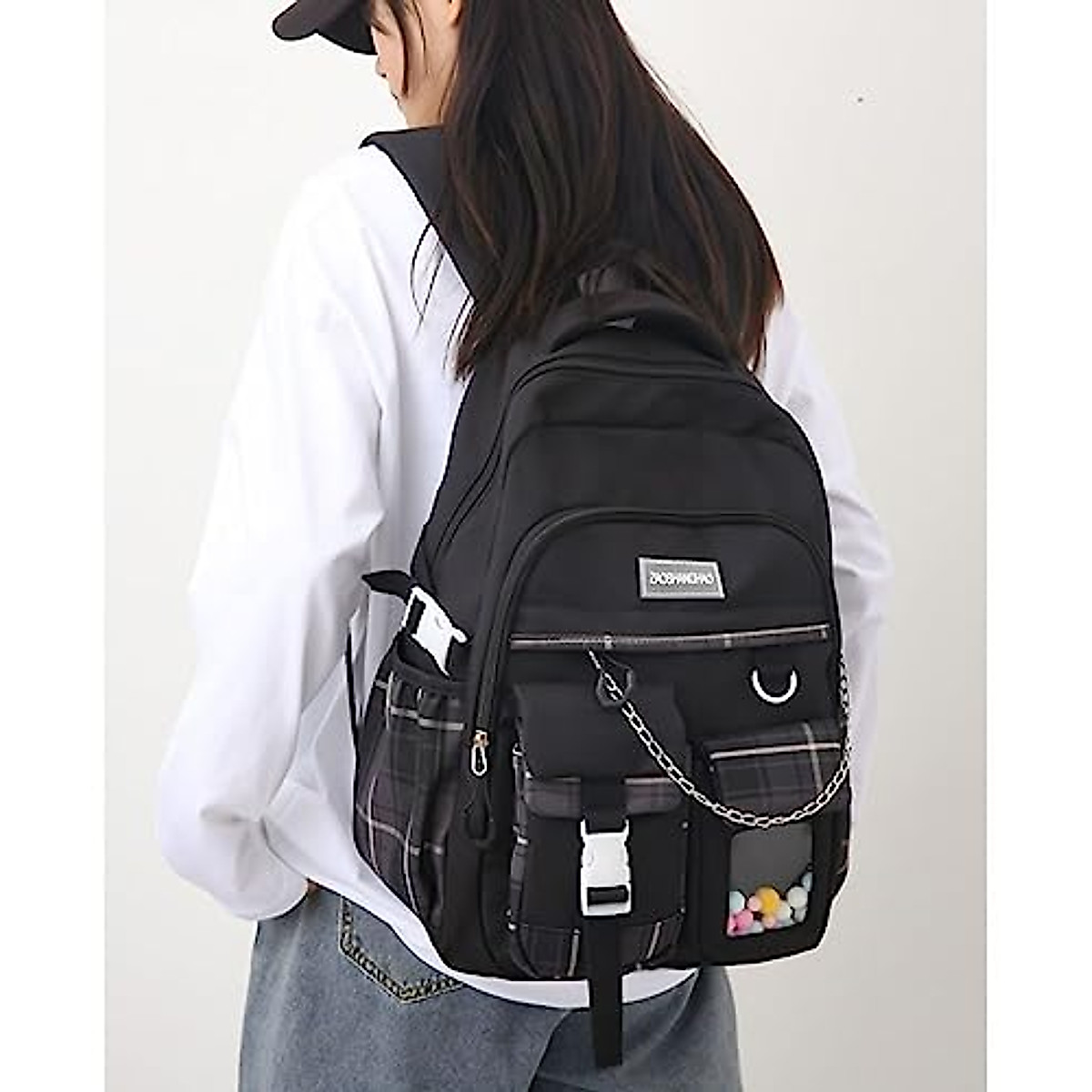 kiobrvhe Kawaii Backpack with Cute Accessories Laptop Backpack Lightweight Waterproof Casual Rucksack for Hiking Travel Sports (D Black)