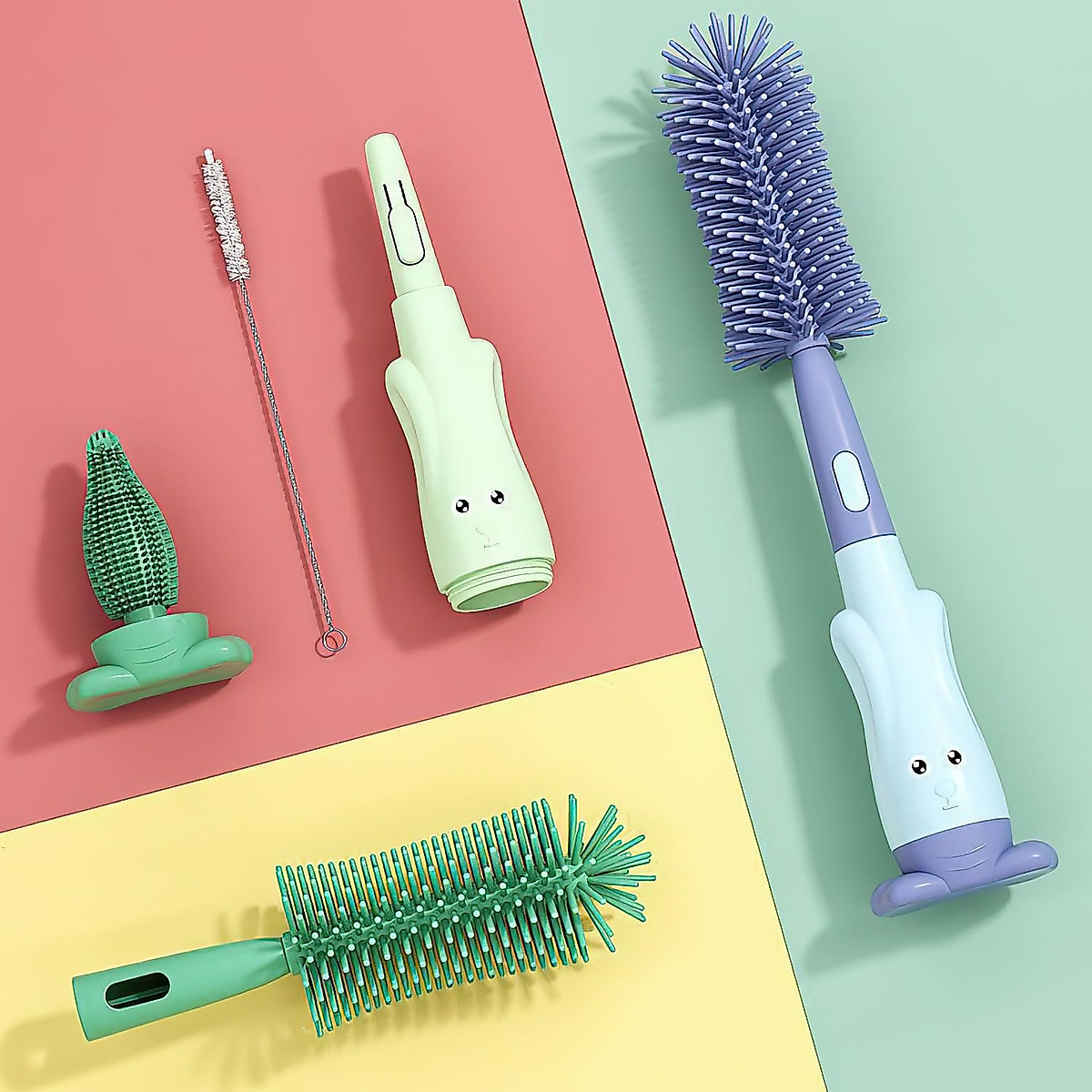 Ariseno 5-in-1 Baby Bottle Brush Set, Bottle Brush for Baby, Baby Bottle Scrubber, Including Silicone & Nylon Bottle Brush, Bottle Cap Brush, Straw Brush, Nipple Brush, BPA-Free (Red)