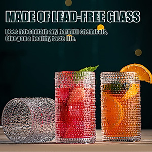 wookgreat Drinking Glasses, 8 pcs Embossed Designed Glass Cups, 15oz Highball Glasses, Tall Water Glass Tumbler, Mojito Cups, Cocktail Glass, Vintage Glassware Set for Water, Juice, Cocktail, Whiskey