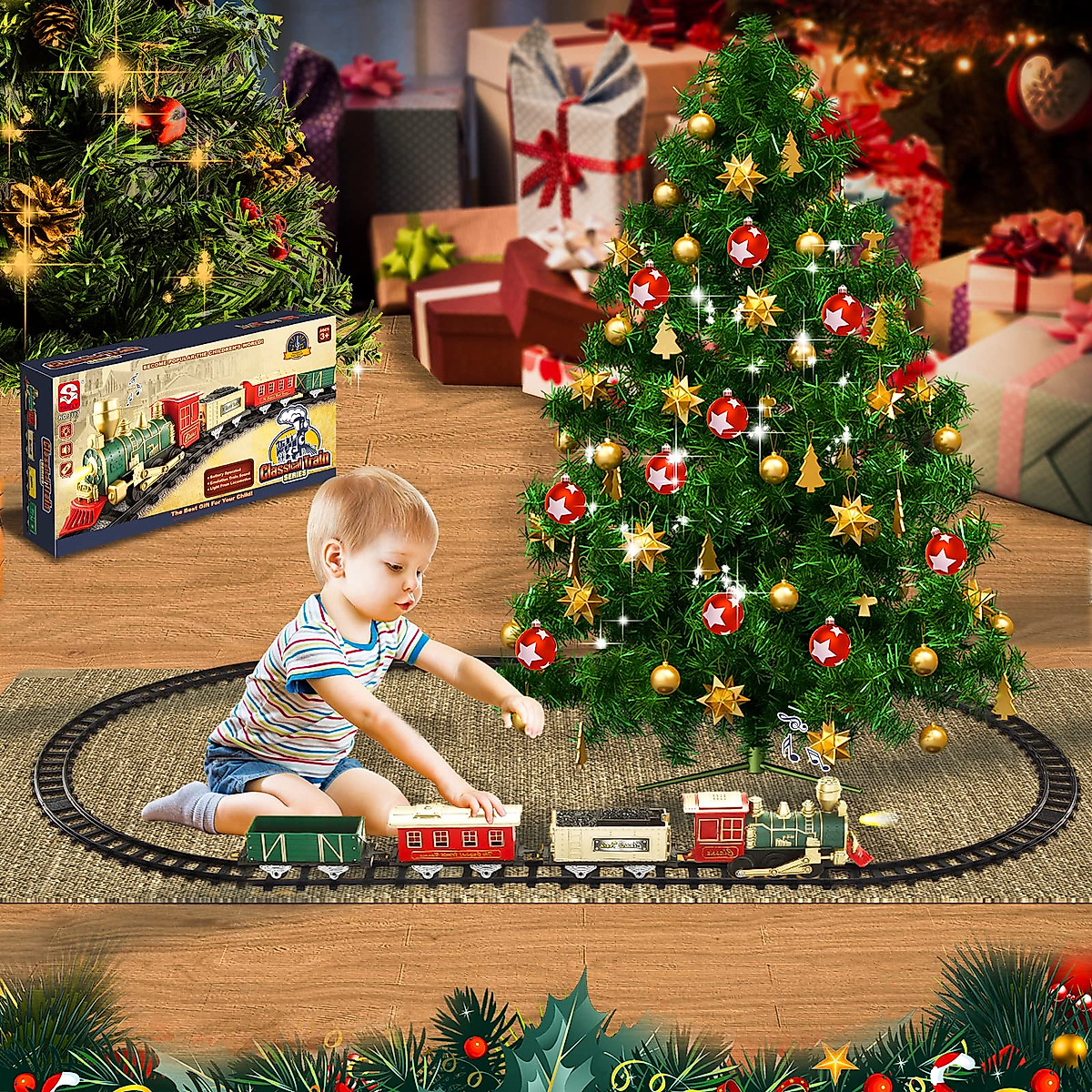 JUQU Train Set-Electric Train Sets for Boys Toddlers Classical Train Toys,Battery-Powered Locomotive Engine with Sound and Lights, 3 Cars &10 Tracks, Christmas Toy Train for Age 3 4 5 6 Years Old Kids