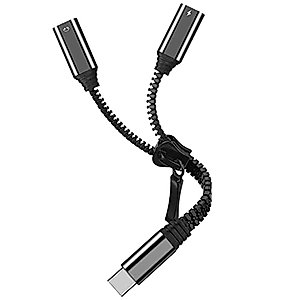 HLDInie USB Type C to Dual USB Type C Audio C-Type Headphone Connector and C-Type Charging Adapter, Charging and Music 2 in 1 Aux Cable (Black)