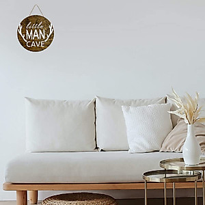 Little Man Cave, Wood Wall Sign for Nursery Bedroom Living Room Rustic Home Decor Crib Decorations Woodland Aesthetic Round Kids Gift Newborn Boys, New Mom, 12x12 in