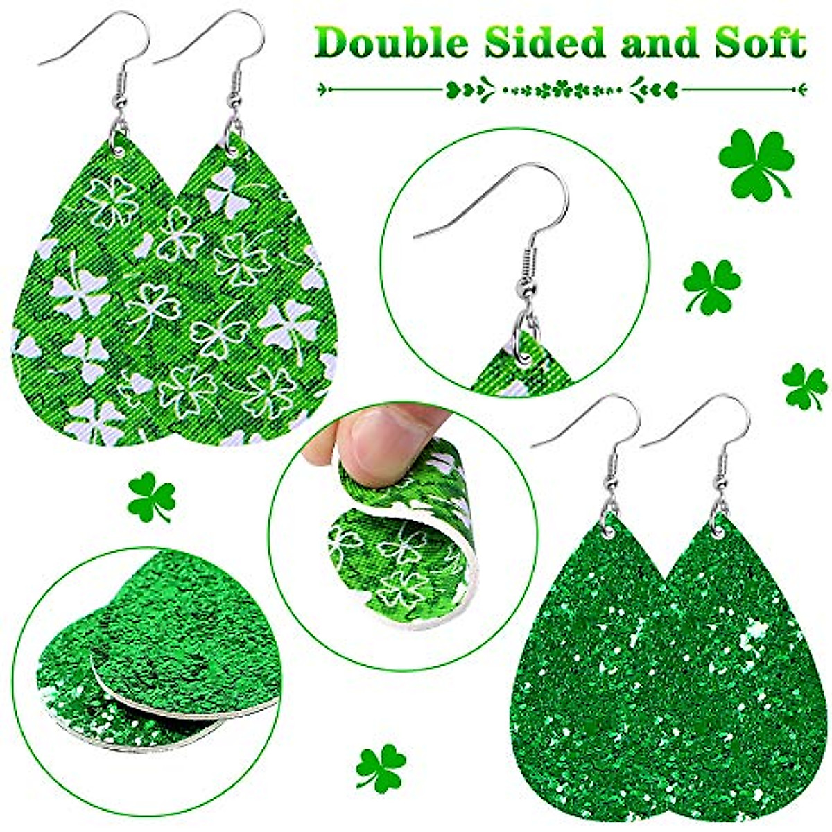 9 Pairs St Patrick's Day Pairs Faux Leather Earrings for Women Lightweight Leaf Long Dangle Earrings Teardrop Earrings