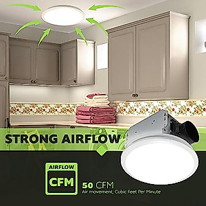 Homewerks 7141-50 Bathroom Fan Integrated LED Light Ceiling Mount Exhaust Ventilation 0.7 Sones 50 CFM, White