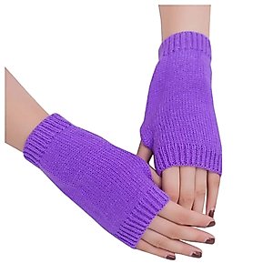 Fingerless Knitted Gloves for Women Winter Warm Mittens Wrist Warmers Stretchy Gloves (Purple, One Size)