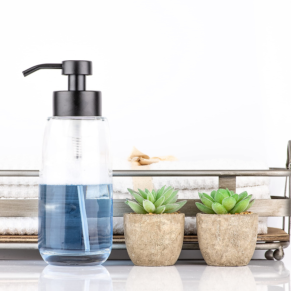 15oz Clear Glass Foaming Hand Soap Dispenser Bottle with Matte Black Metal Pump - Refillable & Modern Farmhouse Style - for Kitchen & Bathroom Countertops; Hand Soap, Foaming Soap