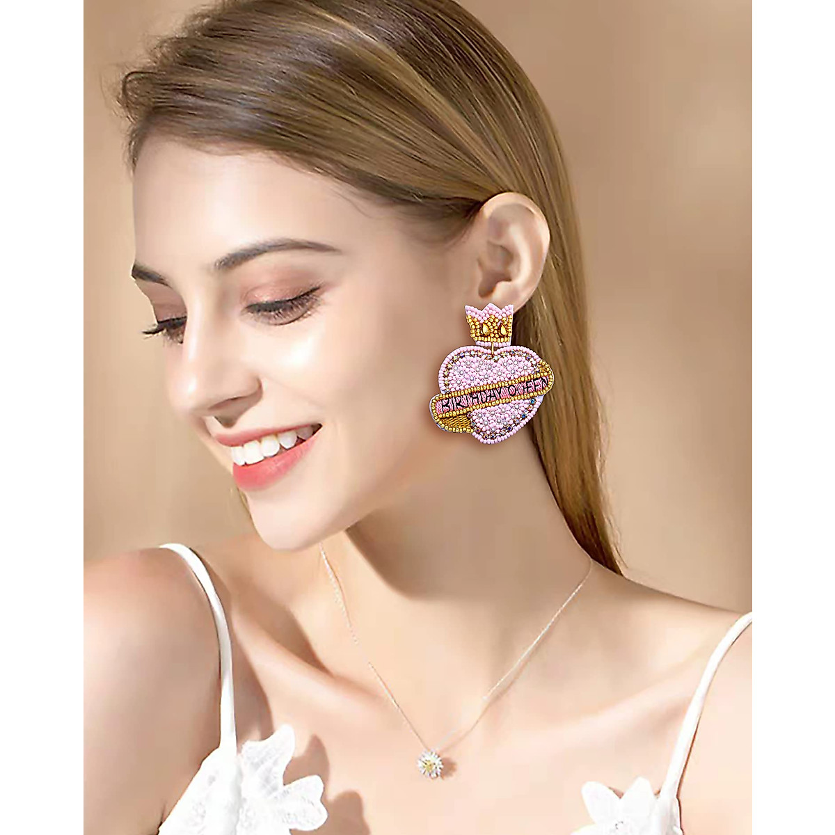 CEALXHENY Beaded Birthday Earrings for Women Delicate Birthday Queen Heart Drop Dangle Earrings Statement Handmade Birthday Party Jewelry Gifts (Pink)