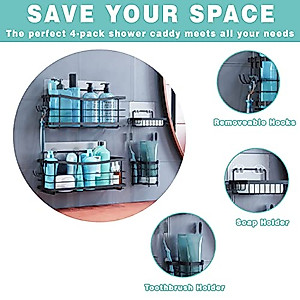 Virgorack Stainless Steel Adhesive Shower Caddy, Bathroom Basket Shelf with Soap and Toothbrush Holder, Wall Mounted No Drilling Storage Organizer Racks with Hooks (Black 4 Pack)