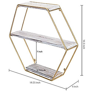 MyGift 3-Tier Wall Mounted Shelf with Hexagon Gold Metal Frame & Whitewashed Wood Shelves