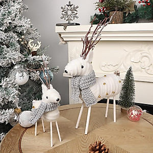 winemana 2 Pcs Plush Fabric White Figurines Reindeer with Scarf Bells Christmas Table Ornaments, Tabletop Standing Deer Christmas Decorations for Home Kitchen Centerpieces Xmas Winter Holiday Party