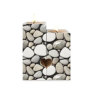 Pebble Stone Candle Holder with Tea Light,Vintage Wood Tealight Candle Stick Holder Pillar Centerpiece,Heart-Shaped Tall Wooden Light Candle Holders Decor Set Minimalist Creative Black White Geometry