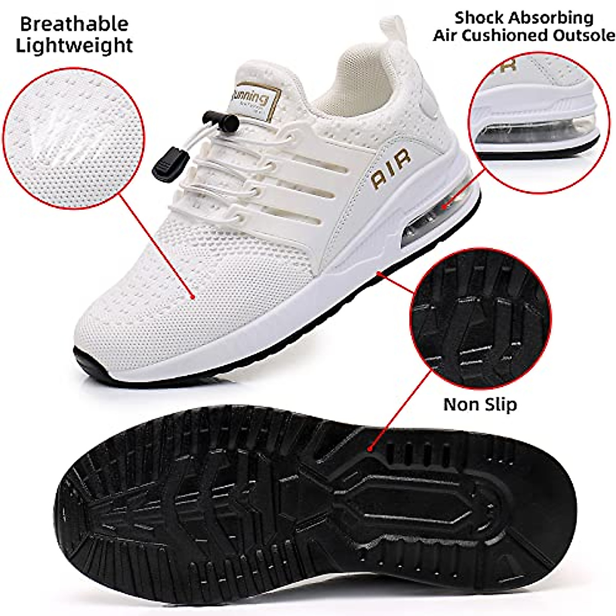 BOGOVER Men's Walking Shoes Non Slip Running Tennis Shoes Breathable Lightweight Air Cushion Sneakers for Tennis Gym Jogging (White, 6)