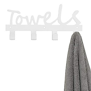 MyGift Wall Mounted White Metal Hand and Bath Towel Rack Holder with 4 Hooks and Towels Cut Out Design
