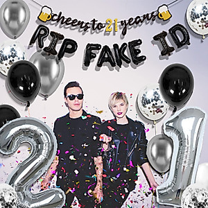 21st Birthday Decorations for him, Black and Silver 21st Birthday Party Decor with Cheers 21 Years Banner, Silver Curtains,Black and Silver Confetti Balloons and Number Balloons