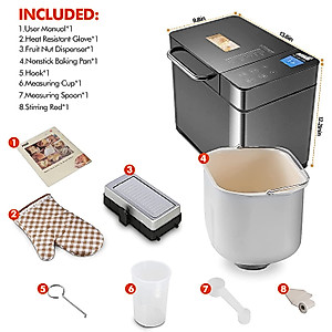 KBS 17-in-1 Bread Maker,710W Dual Heaters Bread Machine,2LB Stainless Steel Bread Maker Machine with Nut Dispenser&Ceramic Pan,15H Timer&1H Keep Warm,Gluten-Free,Touch Panel,3 Loaf Sizes3 Crust Colors