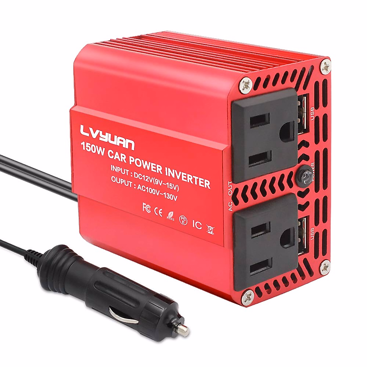 LVYUAN 150W Car Power Inverter 12V to 110V AC Car Charger Adapter with 3.1A Dual USB Car Adapter for Plug Outlet Red