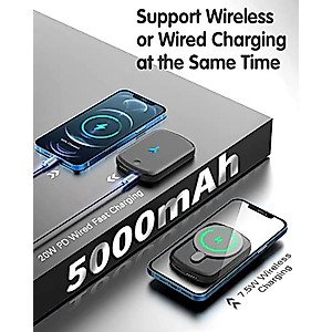 YaNovate Magnetic Power Bank, 5000mAh Magnetic Wireless Power Bank Portable Charger, PD 20W External Battery Pack Compatible with iPhone 12/13 Pro/12 Pro Max/12Mini - Black