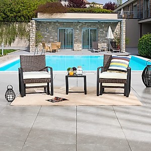 LOKATSE HOME Patio Conversation Set 5 Pieces Outdoor PE Wicker Rattan Sofa Furniture Cushioned Chairs and Ottomans with Tempered Glass Coffee Table, White