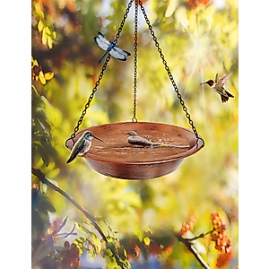 Keygift Hanging Bird Bath for Outdoor, Antique Copper Metal Bird Feeder Birdbath Bowl with 17” Rust-Proof Black Chains for Garden Backyard Decor