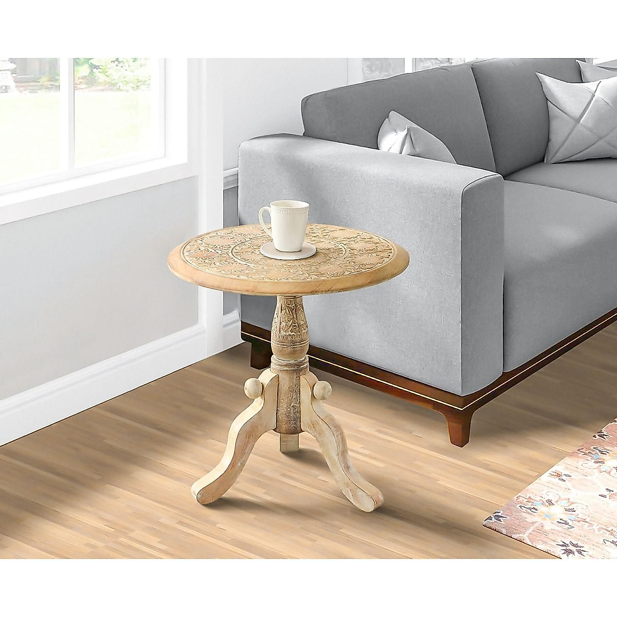 Homxi End Table 18" L x 18" W x 18" H,Intricately Carved Round Top Mango Wood Side End Table with Pedestal Base, Brown and White End Table for Living Room