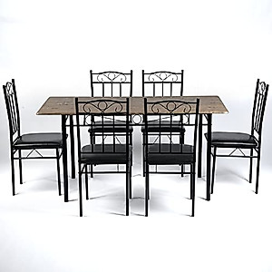 FurnitureR 7-Piece Dining Table Set for Home Kitchen Small Space, Breakfast Nook with 6 Chairs, Retro Brown PU Seat Metal Leg