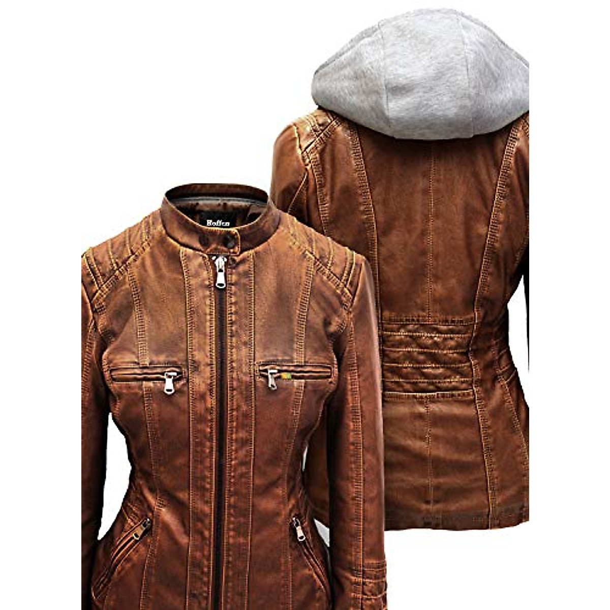 Hoffen Premium Vegan Leather Jacket for Women with Detachable Hood - Seitig Model (Caramel, XXL)