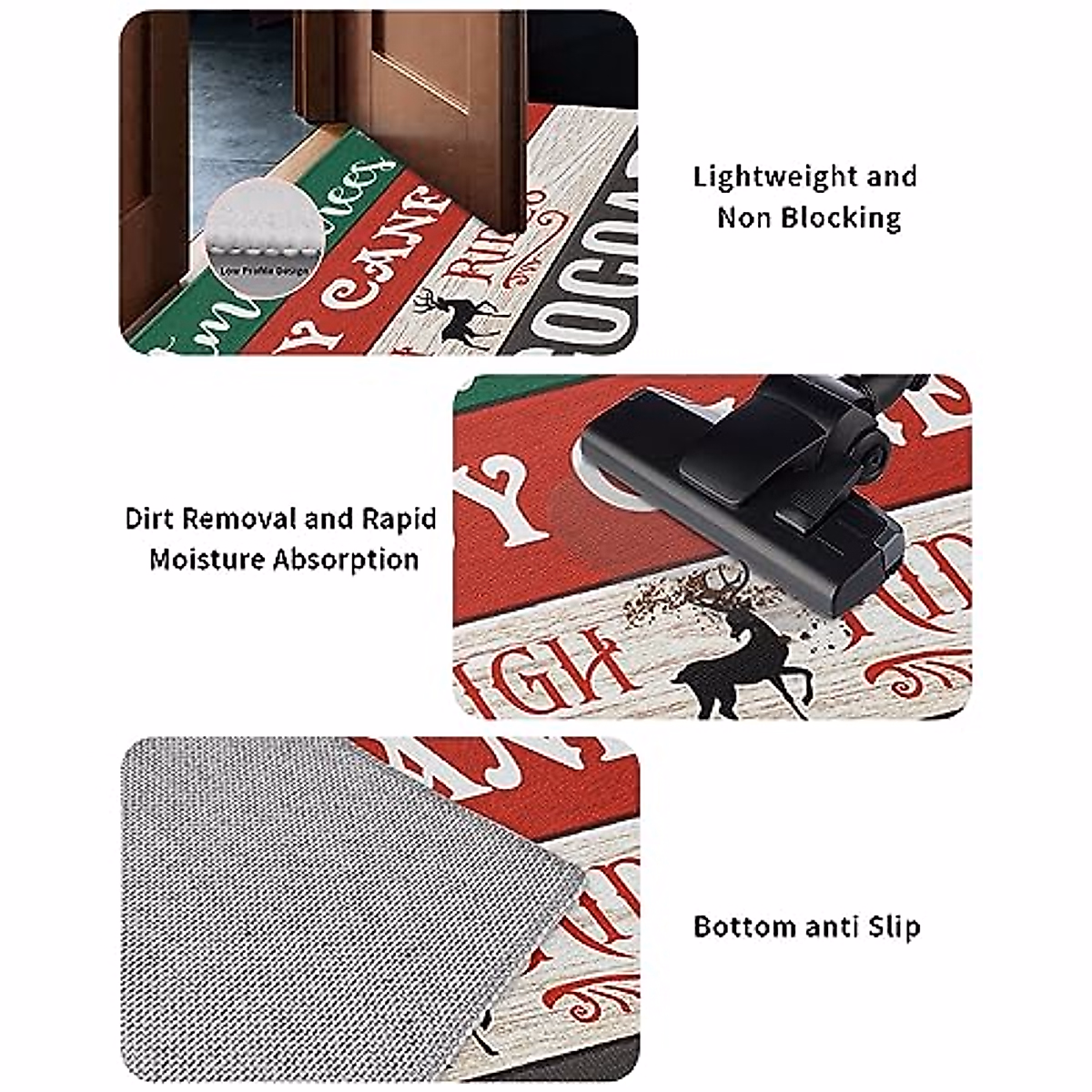 Savannan Floor Mats,Christmas Trees Candy Canes Sleigh Rides Hot Cocoa Wooden Red Green Gray Non Slip Latex Backing Ultrathin Loop Pile Door Rugs for Dining Room Office Home Decor 24"x36"