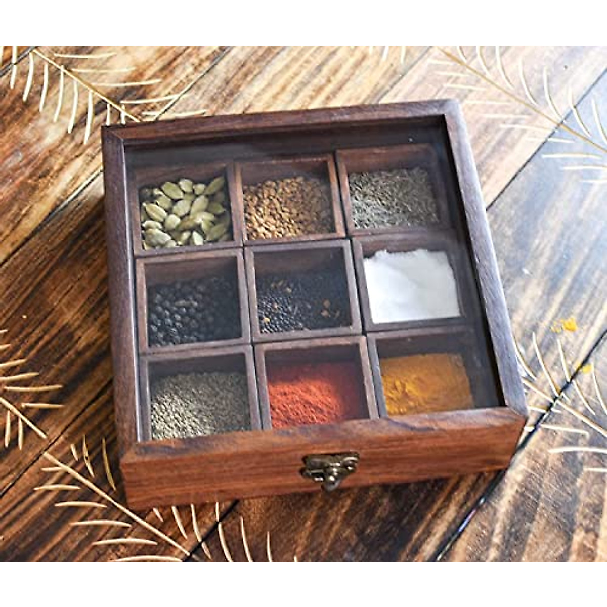 Ajuny Wooden 9 Containers Masala Dabba Spice Box with Glass Lid on Top and Spoon, 5.5x20.5 Cm