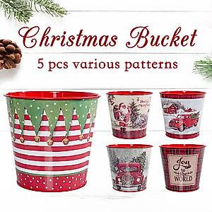 Putuo Decor Christmas Metal Buckets, 5 Pieces Christmas Metal Tin Ice Buckets, Christmas Decorations Galvanized Tin Bucket Pails for Party Home Table Centerpieces Decor 5.9" W x 5.3" H
