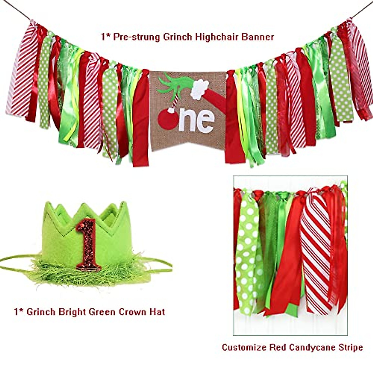 Christmas High Chair Banner, Christmas 1st Birthday Sign Banner, Candy Cane Red & Bright Green Highchair Garland,Christmas Crown Hat for Kids Christmas First Birthday, Photo Booth Props And Cake Smash