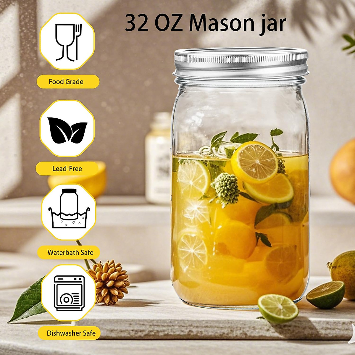 Ltzmcmy Mason Jars 32 oz,12 Pack Quart Mason Jars Wide Mouth With Lids,32oz Glass Canning Jars for Centerpieces,Food Storage,Meal Prep,Overnight Oats,Fermenting
