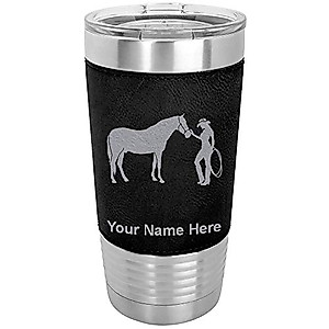 LaserGram 20oz Vacuum Insulated Tumbler Mug, Horse and Cowgirl, Personalized Engraving Included (Faux Leather, Black)