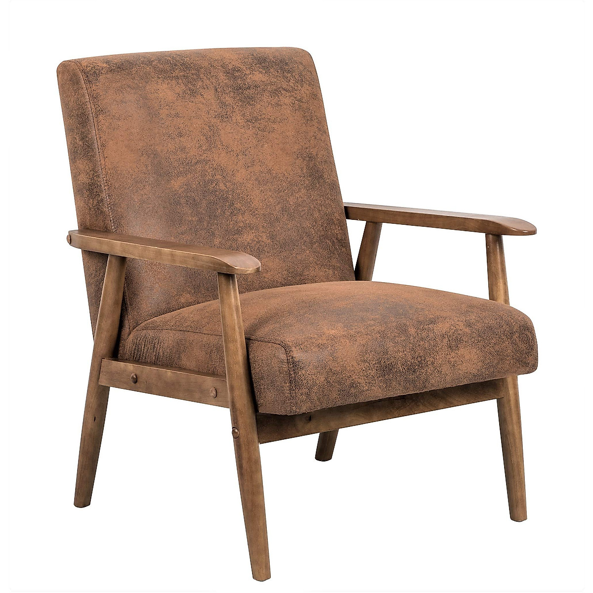 Container Furniture Direct Barlow Modern Vintage Accent Chair, Leather-Look Microfiber Armchair with Open Arm Design, Premium Foam Fill on Solid Wood Frame, 0, Rugged Brown