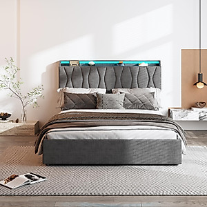 Queen Size Lift Up Storage Bed Frame, Height Adjustable Storage Headboard with Charging Station, LED Lights Upholstered Platform Bed, Wooden Slat Support, No Box Spring Needed, Noise-Free, Dark Grey