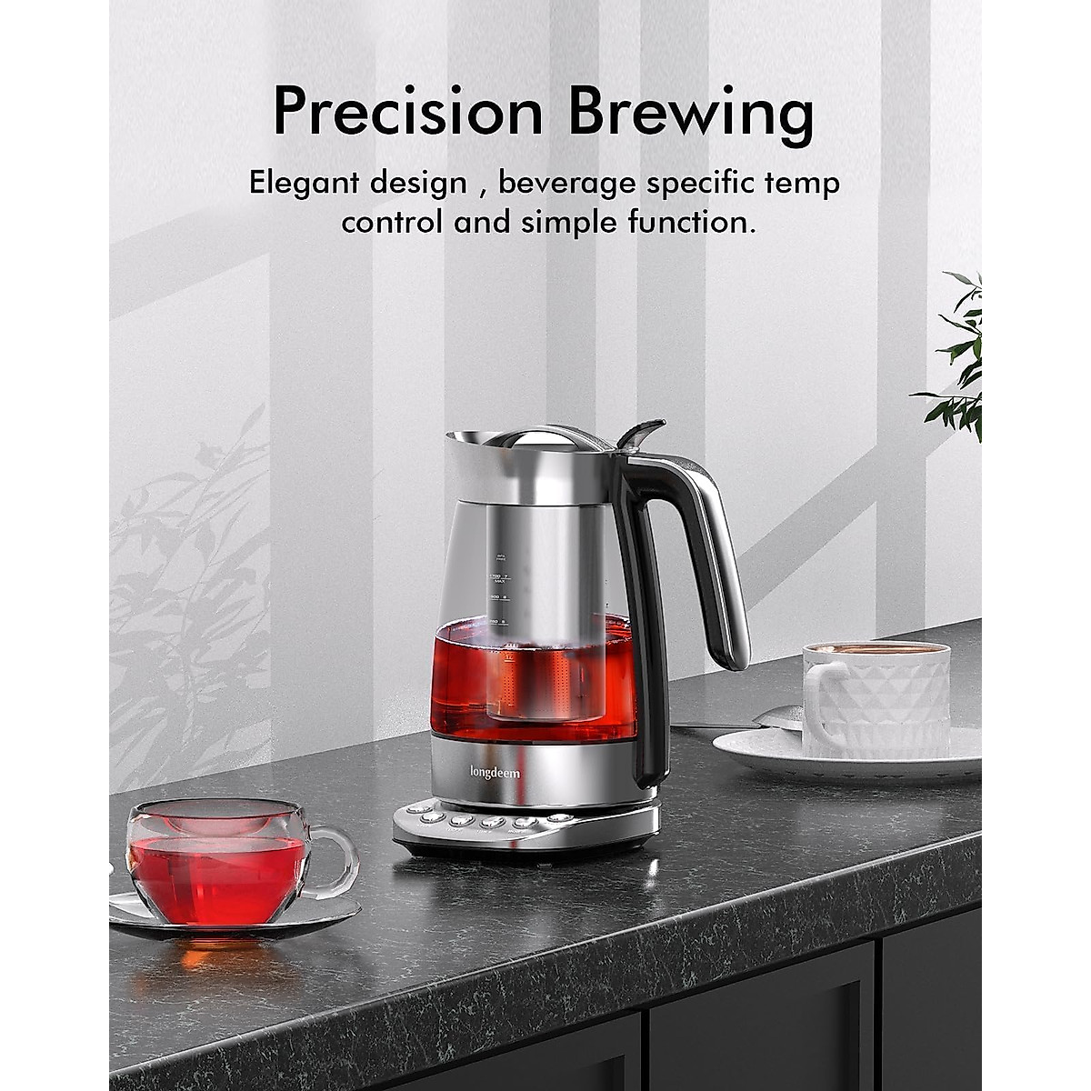 Electric Glass Tea Kettle with Infuser, 1.7L/1500W Fast Boiling, Stainless Steel, Temperature Control Tea Maker, BPA Free - Easy Lid Removal & Keep Warm Feature, Silver