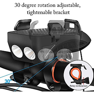 4-In-1 Bike Headlight, BessieSparks - Bicycle Horn, Phone Holder, USB Rechargeable Power Bank, Waterproof Adjustable Shock-Absorbing with LED Light & Horn, for 4 to 6.6 inches Phone