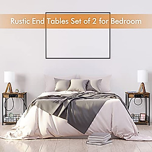 smusei Nightstand Set of 2 Bedroom Small End Table with Charging Station for Small Spaces 2 Tier Farmhouse Night Stands Bedside Tables with Storage Basket for Living Room