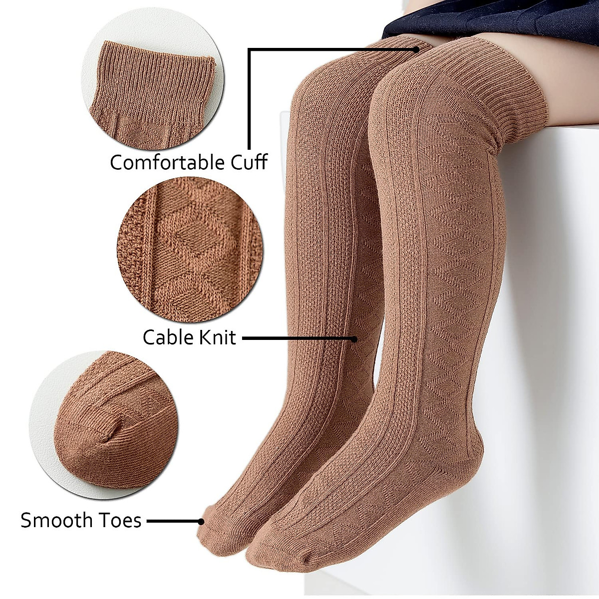 EPEIUS Baby Girl Knee High Socks Newborn Seamless Stockings Baby Thigh High Socks Long Socks Cable Knit Dress Socks 0-6 Months 3 Pack Ivory White Brown Khaki
