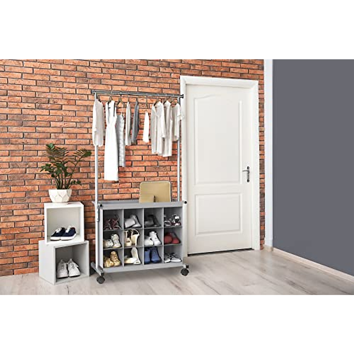 Simple Houseware Garment Rack with 16 Shoes Organizer, Grey