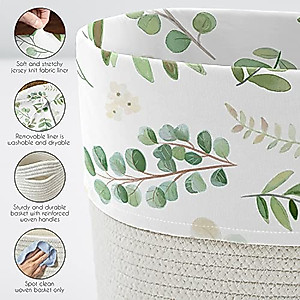 Sweet Jojo Designs Green Boho Floral Leaf Boy Girl Woven Storage Basket Set 3p Cotton Rope Diaper Bins Baby Nursery Kid Closet Drawer Organizer Liner White Bohemian Gender Neutral Watercolor Botanical