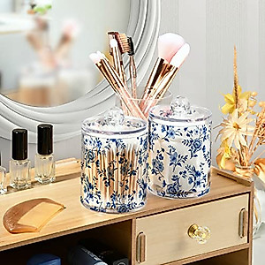 Kigai Cotton Swabs Organizer Blue Wildflowers Qtip Holder Dispenser with Lid Apothecary Jar Set 2PCS Reusable Clear Plastic Cans for Dry Food