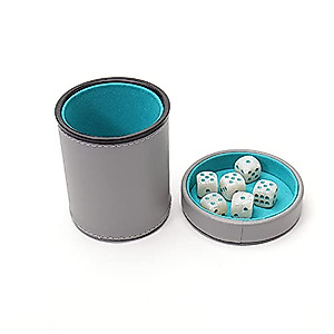 Luck Lab Grey Leather Dice Cup with Lid Including 6 Matching Pearl Dice - Teal Velvet Interior for Quiet Shaking - Use for Liars Dice Farkle Yahtzee Board Games, Grey