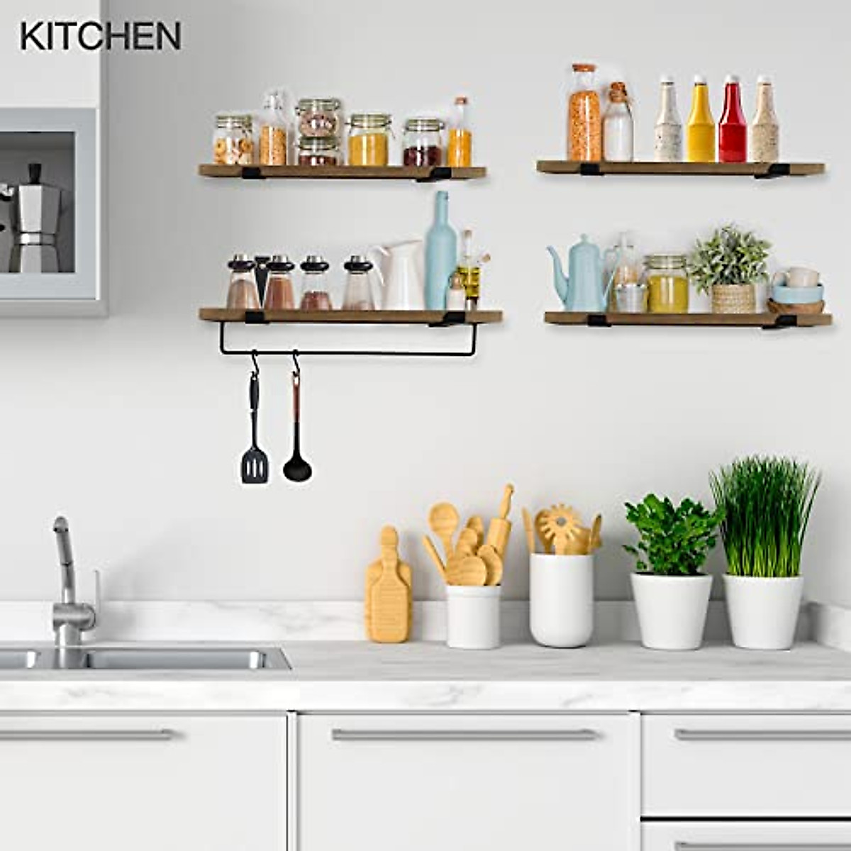 Vppiis Floating Shelves for Bedroom Bathroom, Nature Wood Wall Mounted Book Shelf, Wall Shelves Storage for Living Room Kitchen Office with Towel Rack and 2 Hooks Set of 4